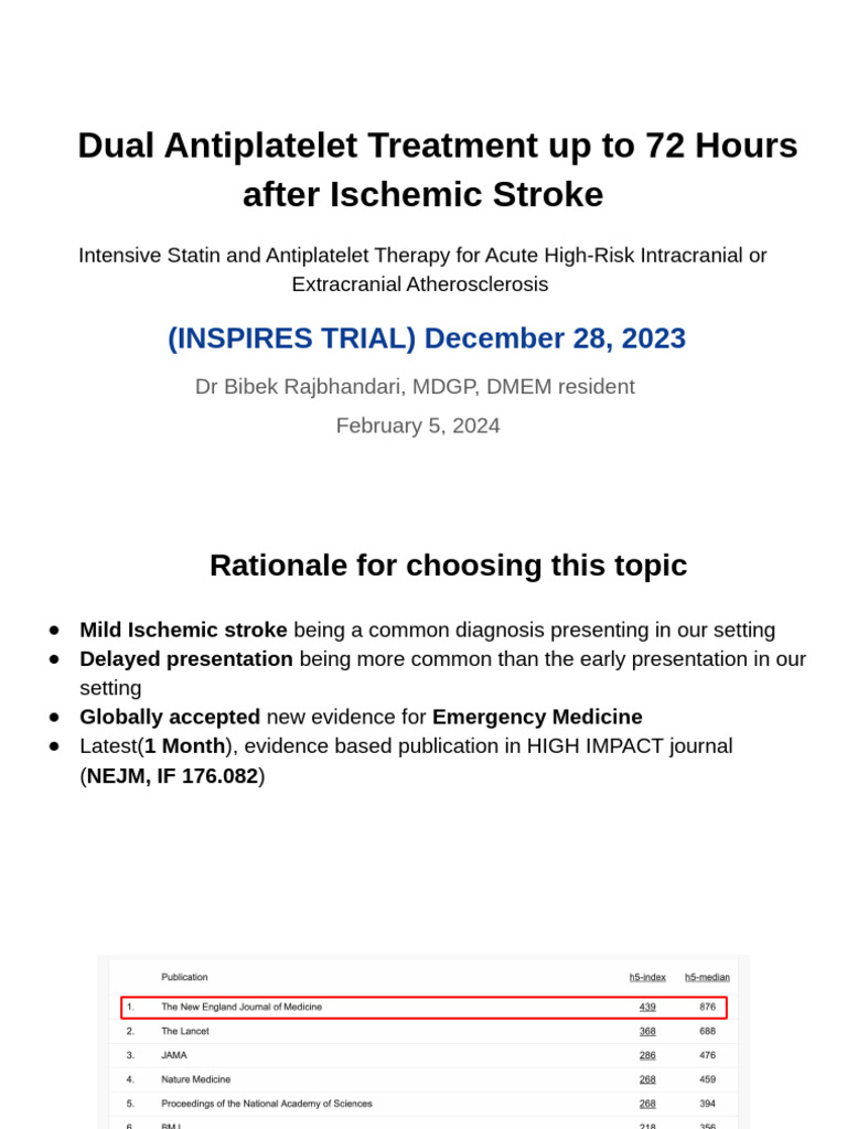 Dual Antiplatelet Treatment Up To 72 Hours After Ischemic Stroke | PDF | Stroke | Aspirin