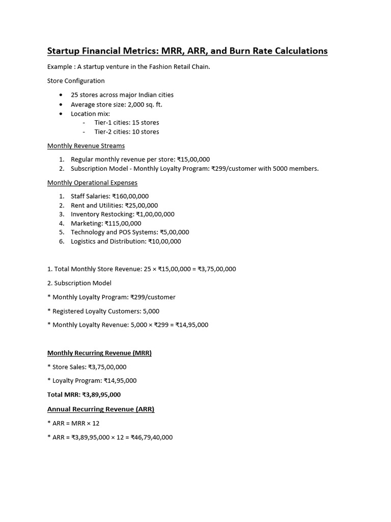 Startup Financial Metrics-MRR, ARR, BURN RATE | PDF