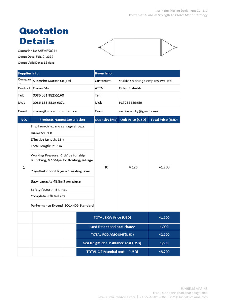 SunHelm Quote From Emma SHEM250211, Airbags 1.8x18m, 7 Layers | PDF ...