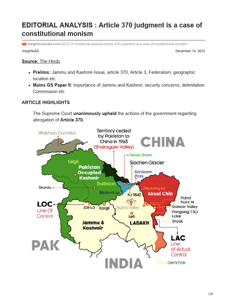 EDITORIAL ANALYSIS Article 370 Judgment Is A Case of Constitutional ...