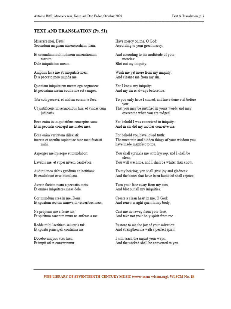 Biffi Miserere Text and Translation | PDF | Psalms | Wisdom Literature