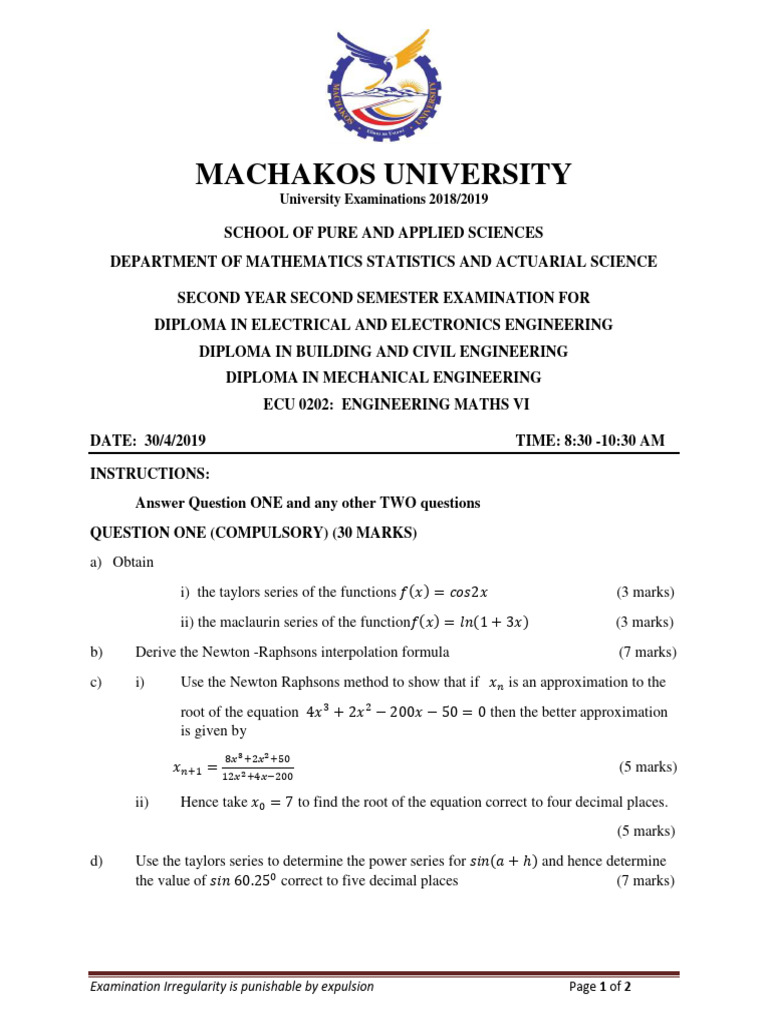 Engineering Maths Exam 2019 | PDF | Finite Difference | Mathematics Of ...