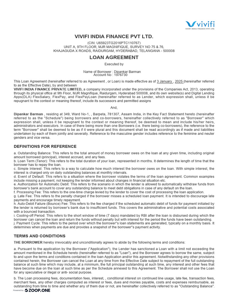 Loan Agreement with Vivifi India Finance | PDF | Interest | Loans