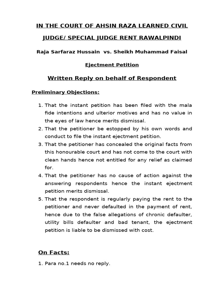 Sheikh Faisal Ejectment Written Reply | PDF | Justice | Crime & Violence