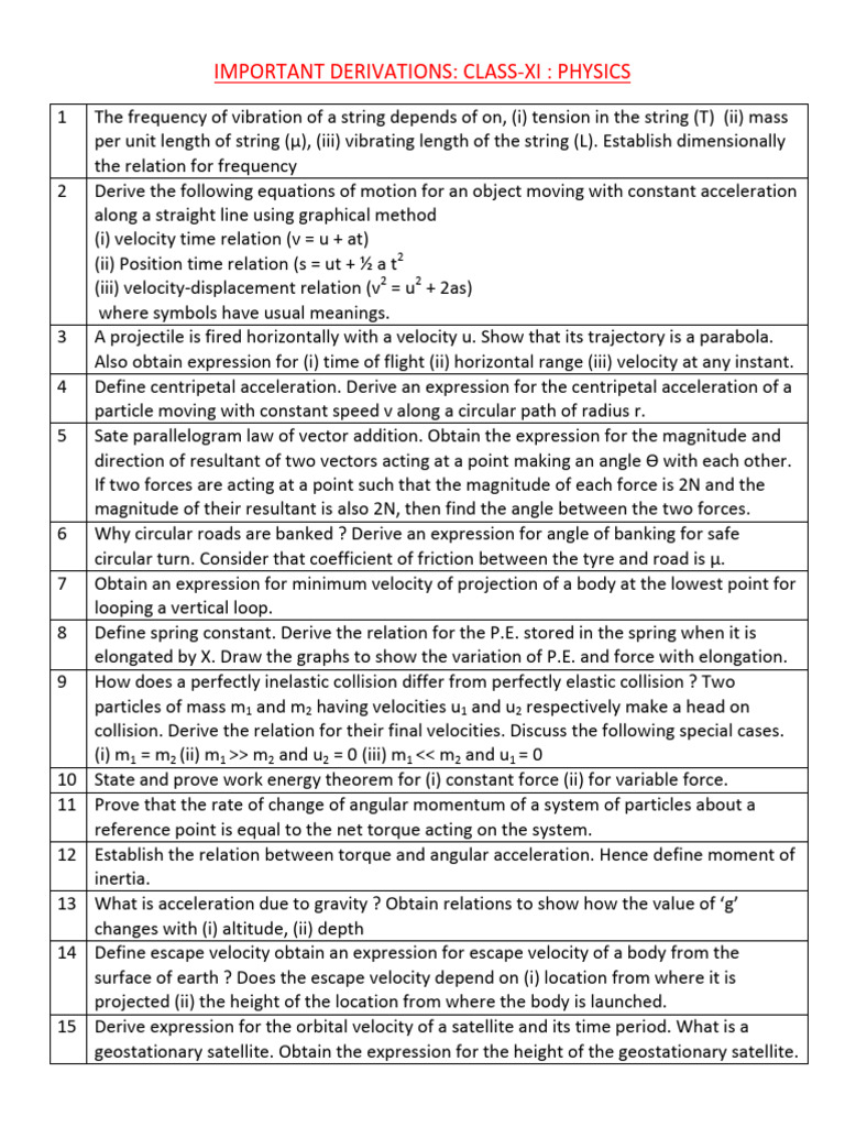 Key Physics Derivations for Class XI | PDF | Force | Acceleration