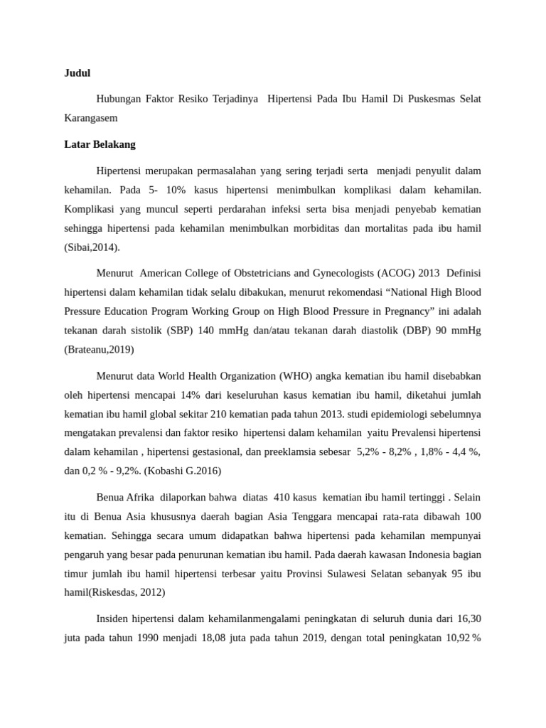 Rencana Penelitian Hipertensi Kehamilan Di Pkm Selat Dr Grantina Calon Spog | PDF