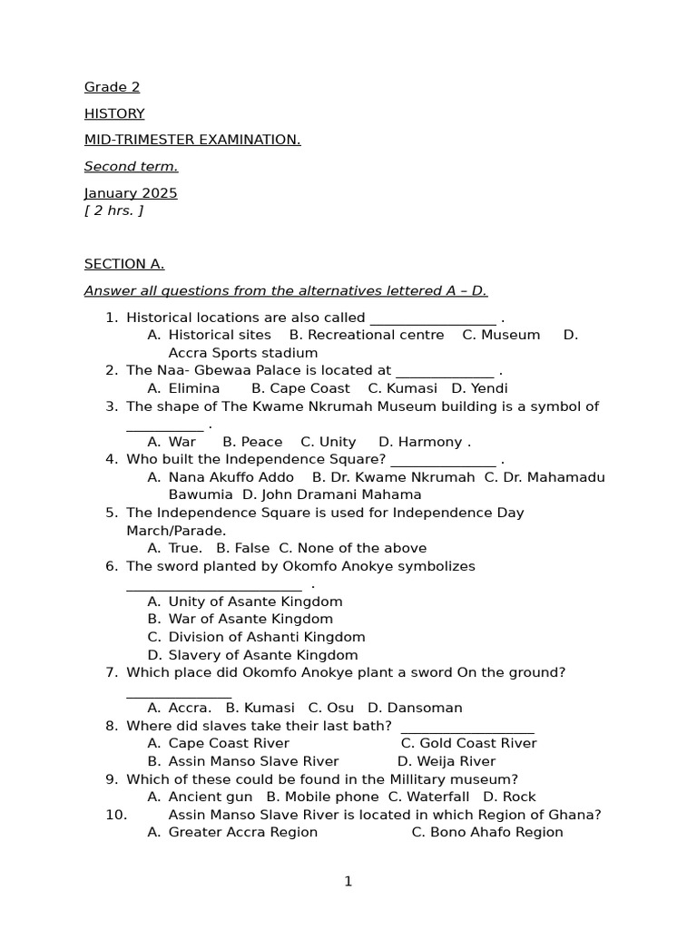 Grade 2 History Mid-Term Exam Guide | PDF | Ghana
