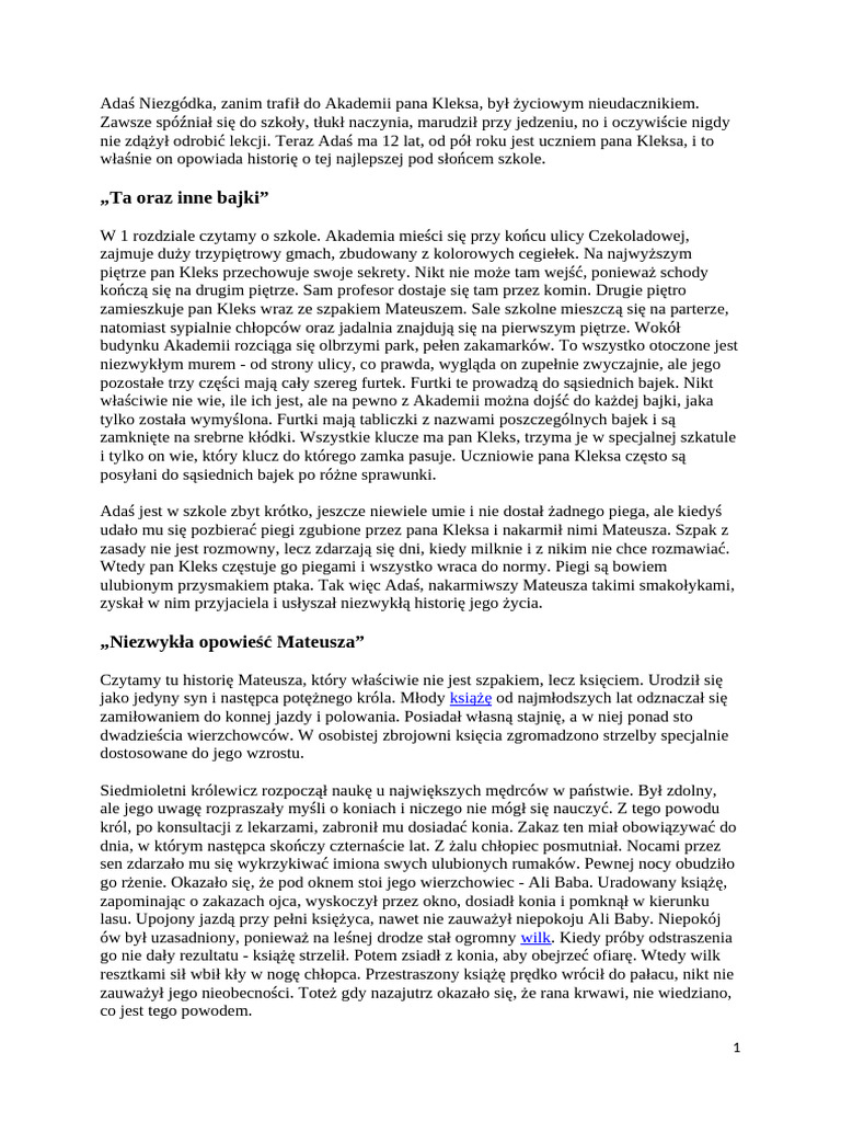 Akademia Pana Kleksa Streszczenie | PDF