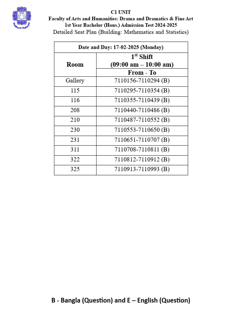 JU Admission Test Seat Plan 2024-25 | PDF