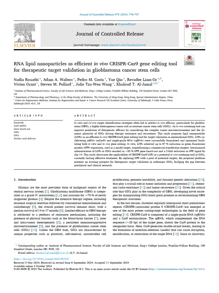 RNA Lipid Nanoparticles As Efficient in Vivo CRISPR-Cas9 Gene Editing ...