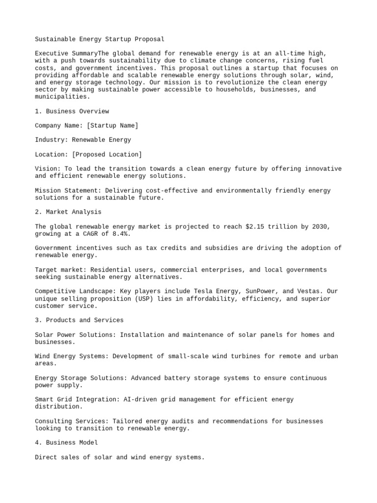 Renewable Energy Startup Proposal | PDF | Renewable Energy | Wind Power