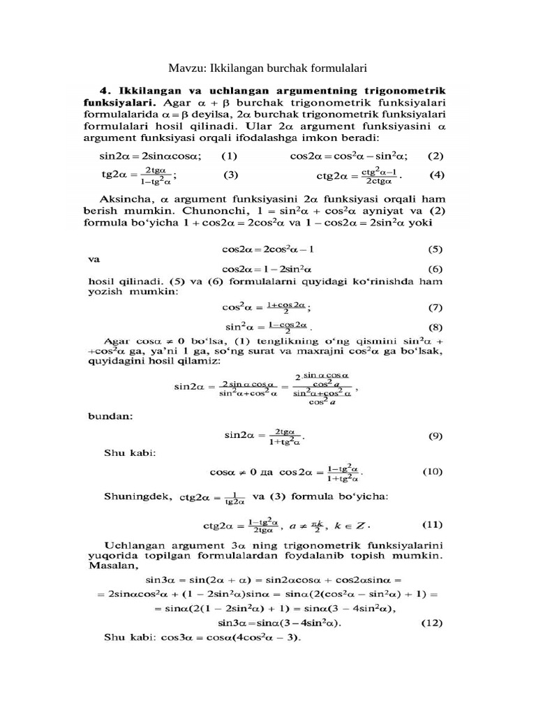 Ikkilangan Burchak Formulalari | PDF