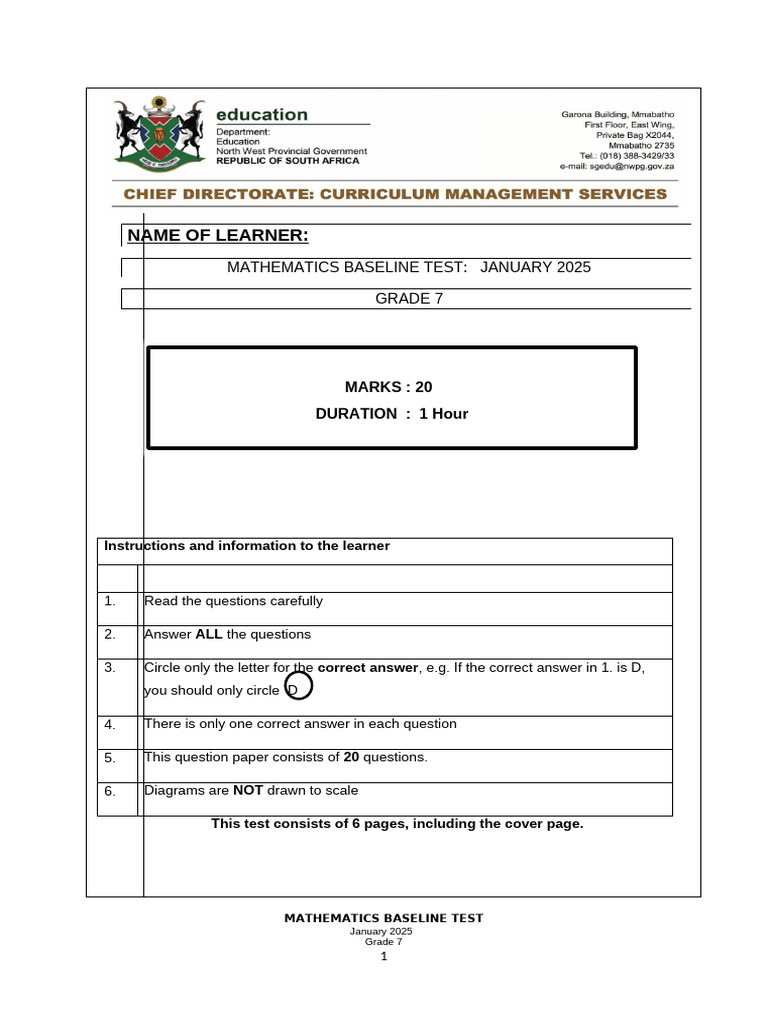 Grade 7 Term 1 2025 MATHEMATICS BASELINE TEST-1 | PDF | Elementary ...