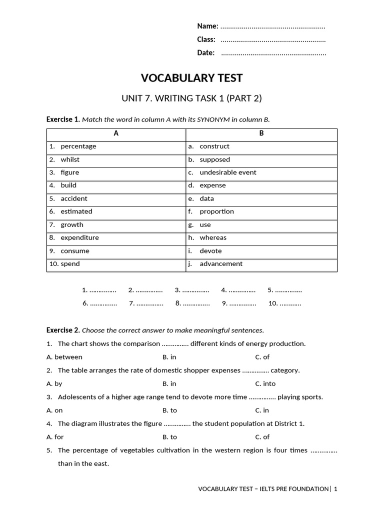 VOCAB TEST 7. UNIT 7. Writing Task 1 (Part 2) | PDF