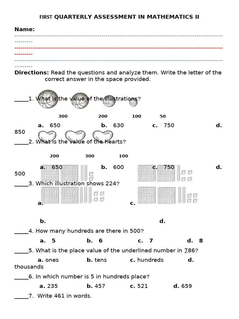 GRADE 2 MATH FIRST QUARTERLY ASSESSMENT W TOS and Answer Key | PDF ...