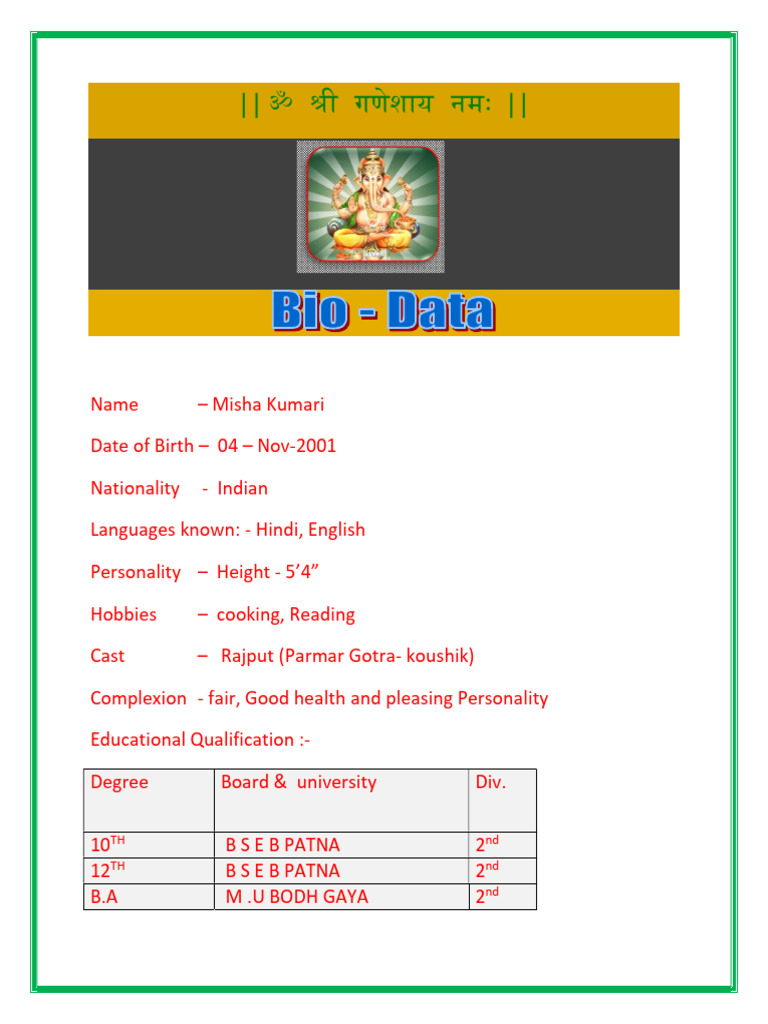 Misha Kumari's Biodata Summary | PDF