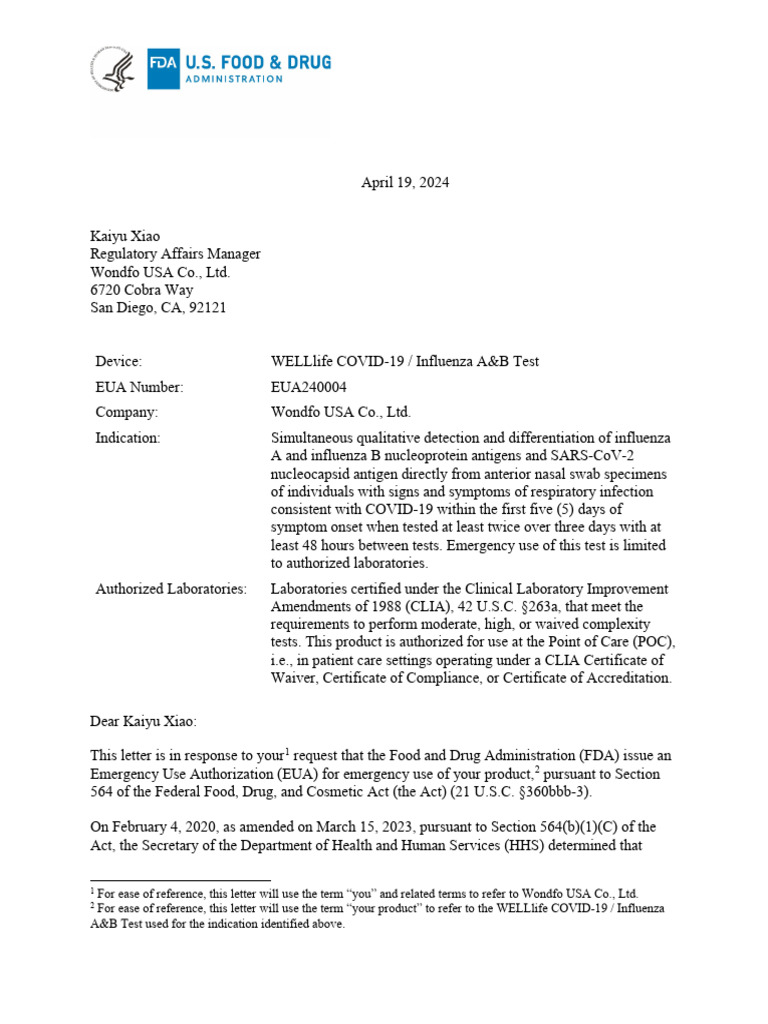 Eua Wondfo Welllife Poc Letter | PDF | Infection | Influenza