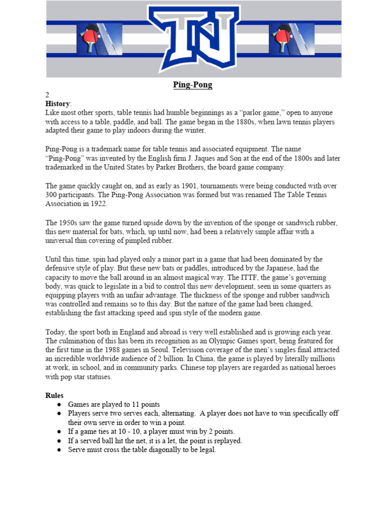 History and Rules of Ping-Pong | PDF | Table Tennis | Indoor Sports