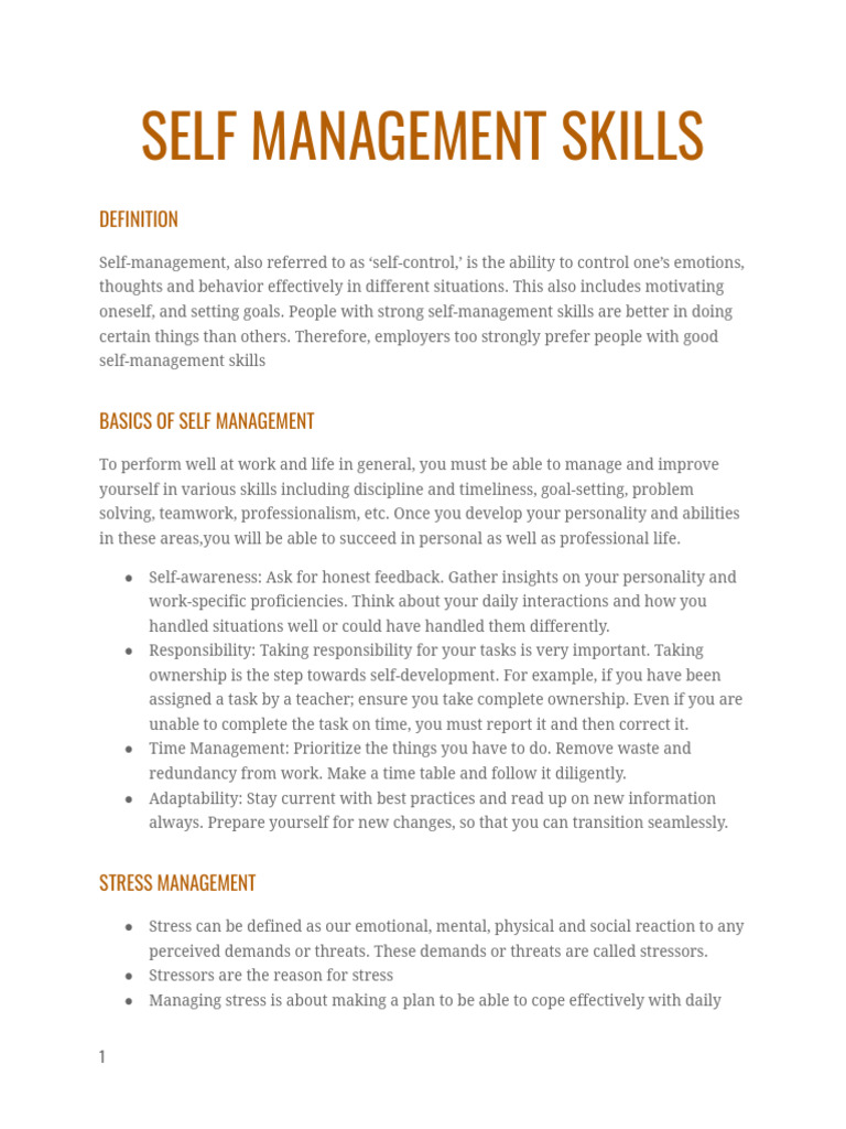 Self Management Skills | PDF | Stress (Biology) | Goal