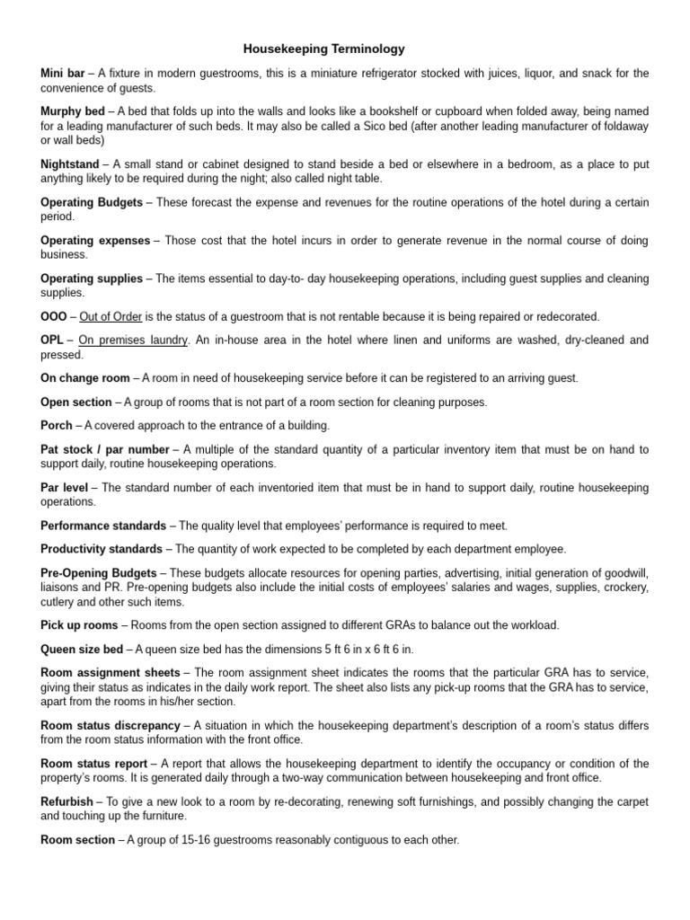 Housekeeping Terminology | PDF | Housekeeping | Hotel
