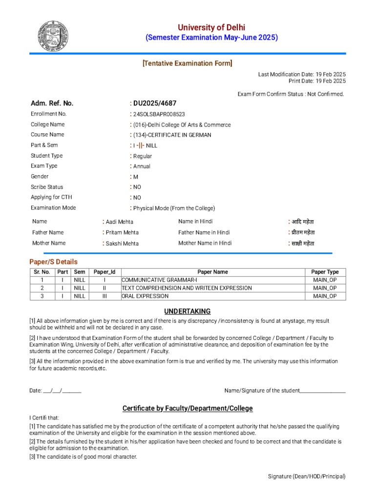 DU Exam Form: Certificate in German 2025 | PDF | Qualifications