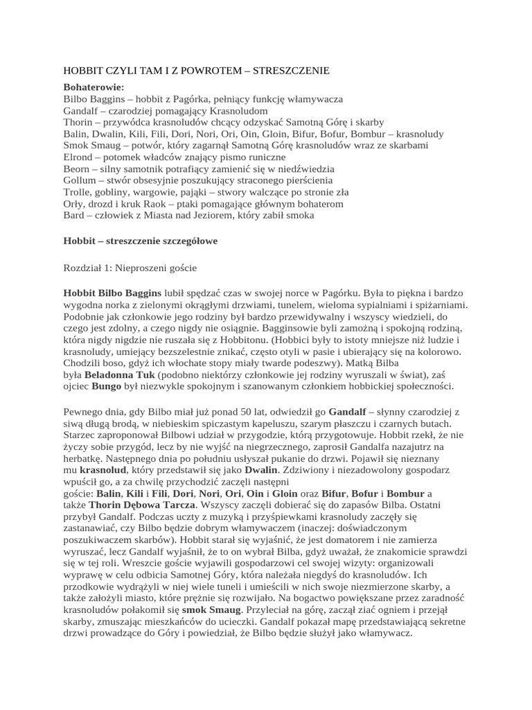 Hobbit Czyli Tam I Z Powrotem Opracowanie Klasa 6 | PDF