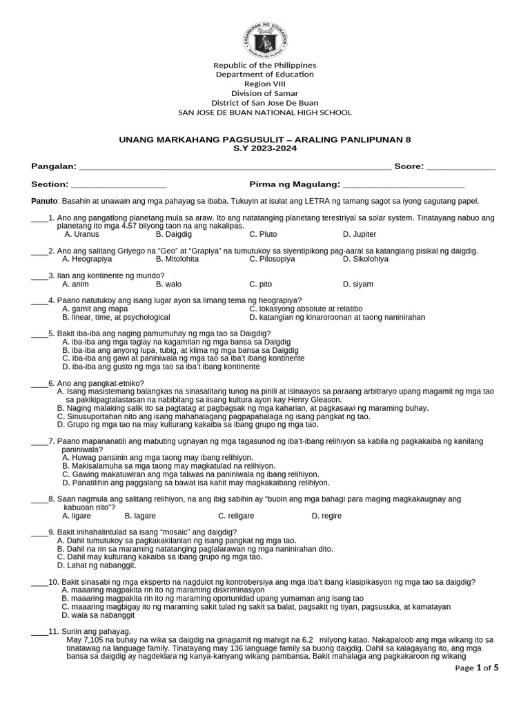 Ap8 q1 Test Questions Sy2023-2024 | PDF