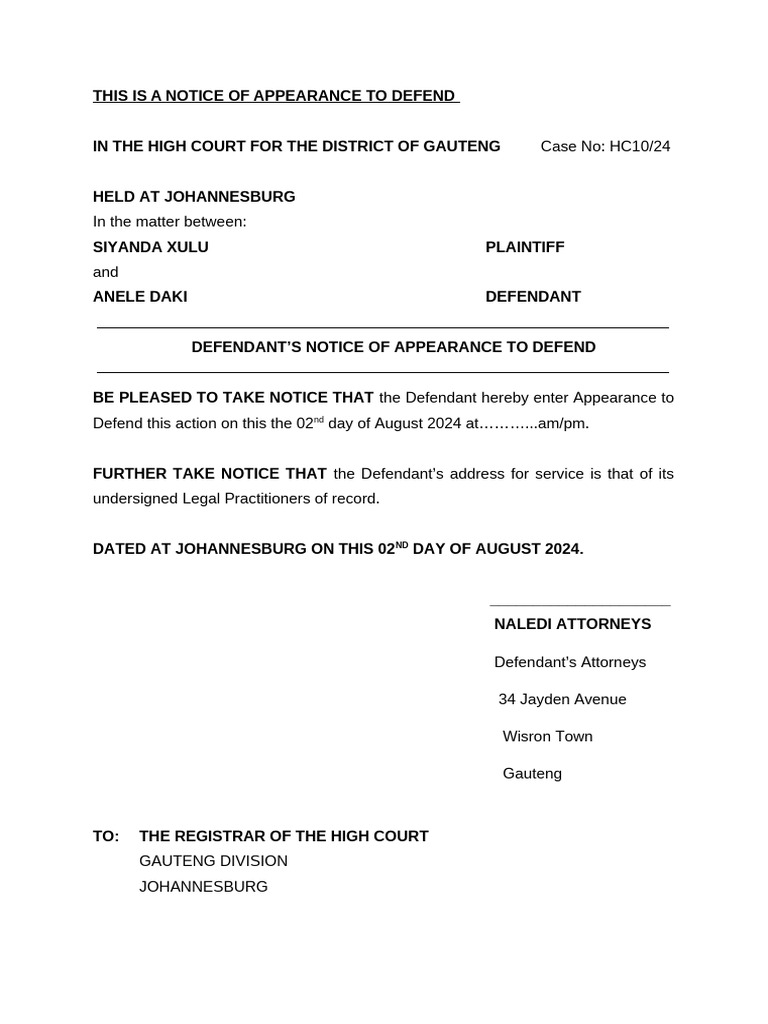 Notice of Appearance To Defend | PDF