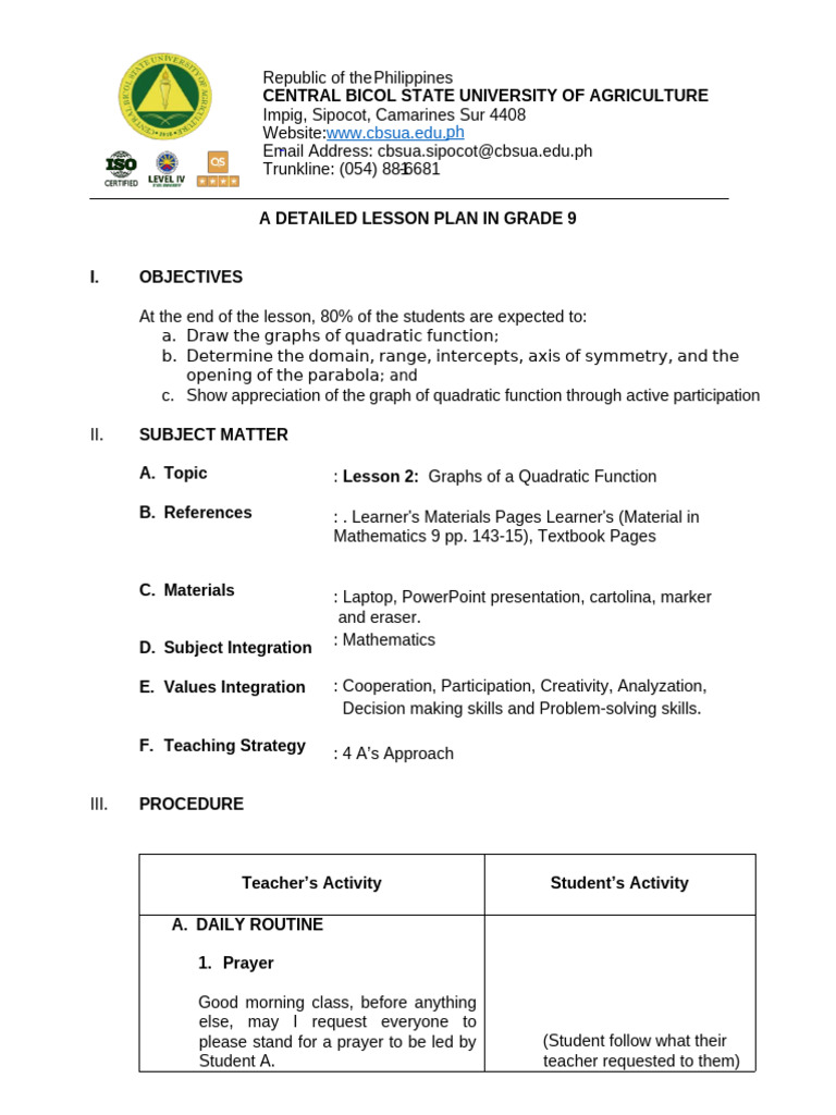 Grade 9 Quadratic Functions Lesson | PDF | Mathematics