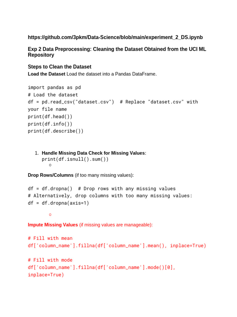 Exp 2 Data Preprocessing - Cleaning The Dataset Obtained From The UCI ...
