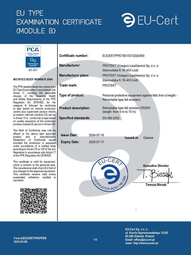 CR250V - SRL 6M - 10M - 15M - Eucert-Ppe-Tb-1-07-2024-B-0 - July 2029 | PDF | Personal ...