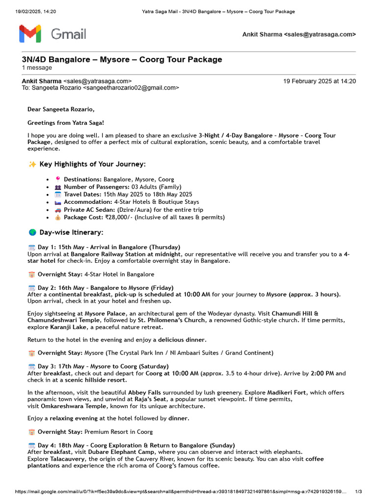 3N 4D Bangalore - Mysore - Coorg Tour Package | PDF | Hotel | Meal