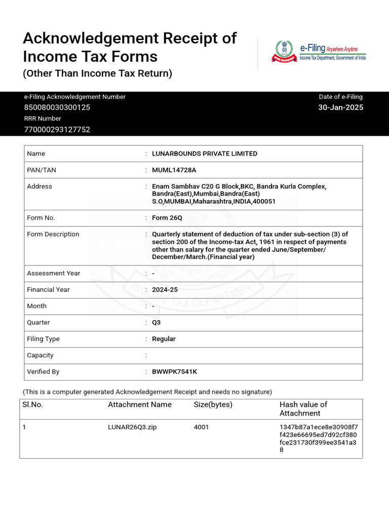 Form 26Q - ARN - 770000293127752 | PDF