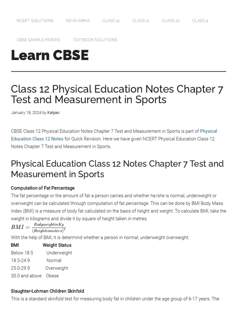 Class 12 Physical Education Notes Chapter 7 Test and Measurement in ...