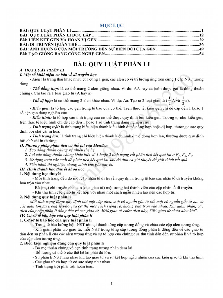 Tong Hop Ly Thuyet Va TN Sinh 12 On Thi Hk1 | PDF