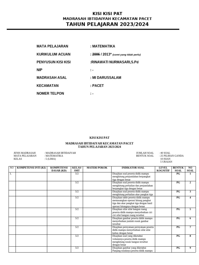 Kisi-Kisi PAT MTK | PDF