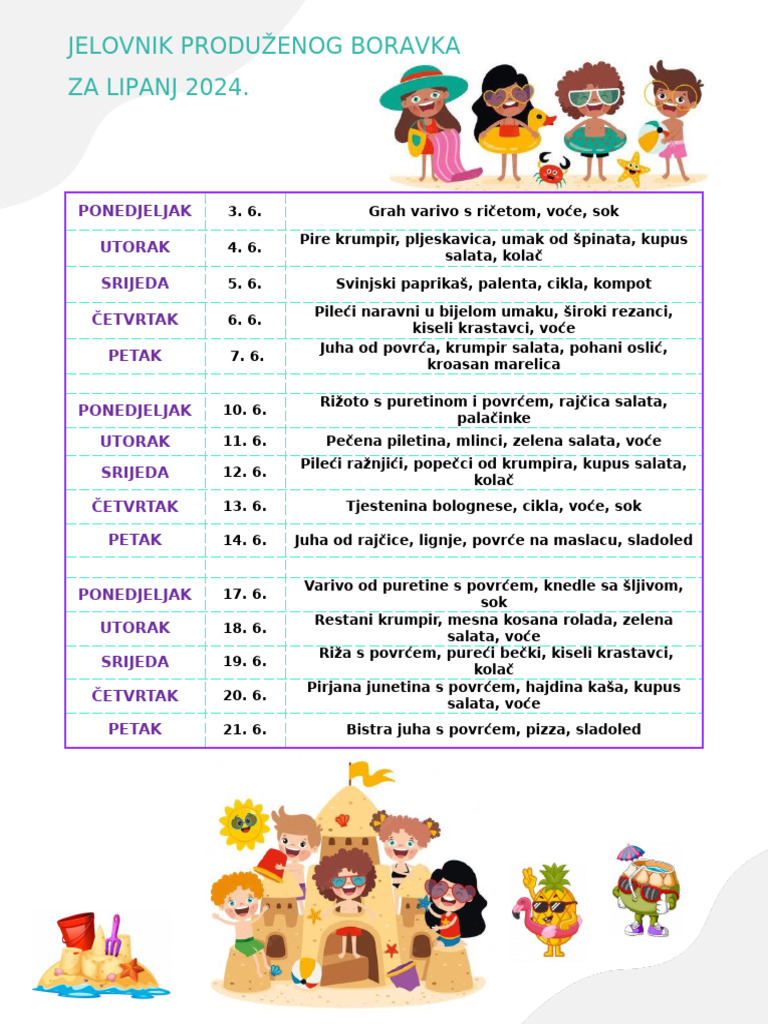 Jelovnik Produzenog Boravka (Rucak) Za Lipanj 2024. | PDF