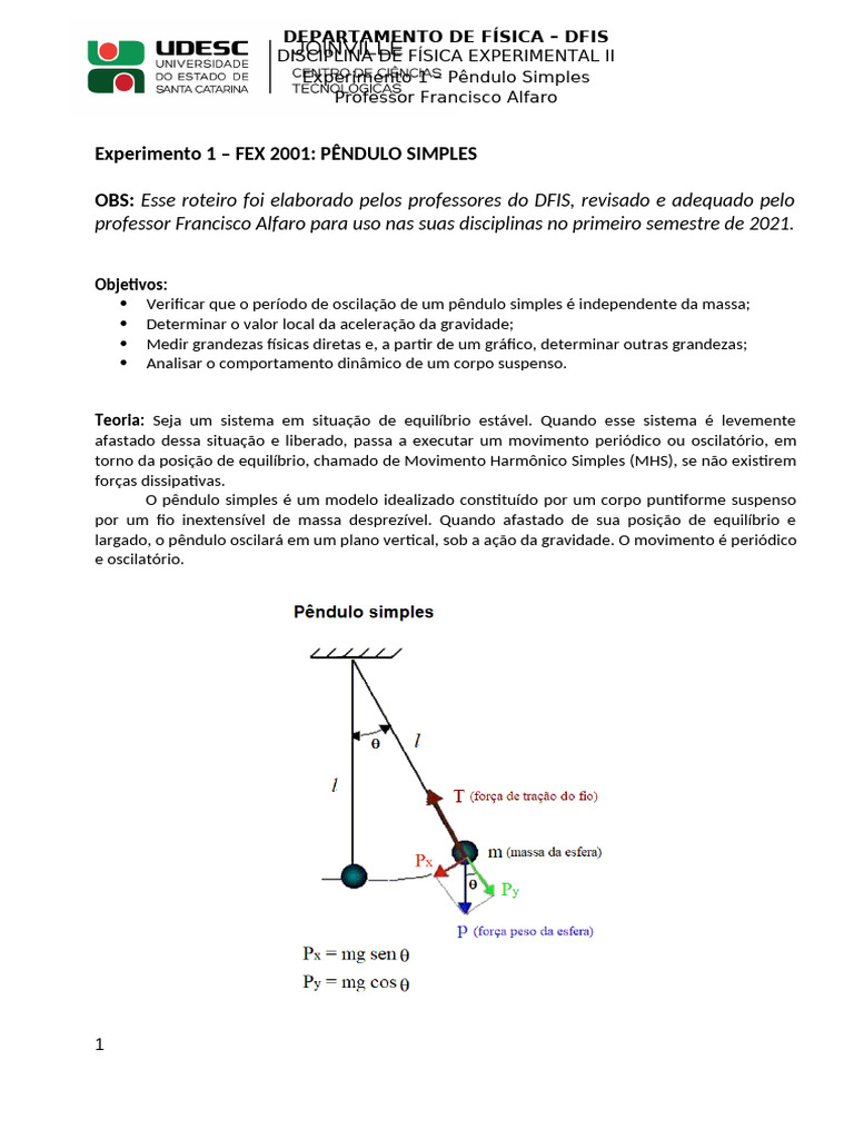 EXP 1 - Pêndulo Simples 2 | PDF | Pêndulo | Massa