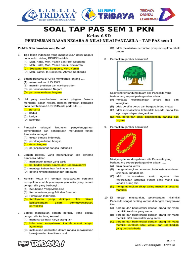 6SD - Soal Tap Pas Semester 1 - PKN - Perumusan Dasar Negara Dan Nilai-Nilai Pancasila | PDF