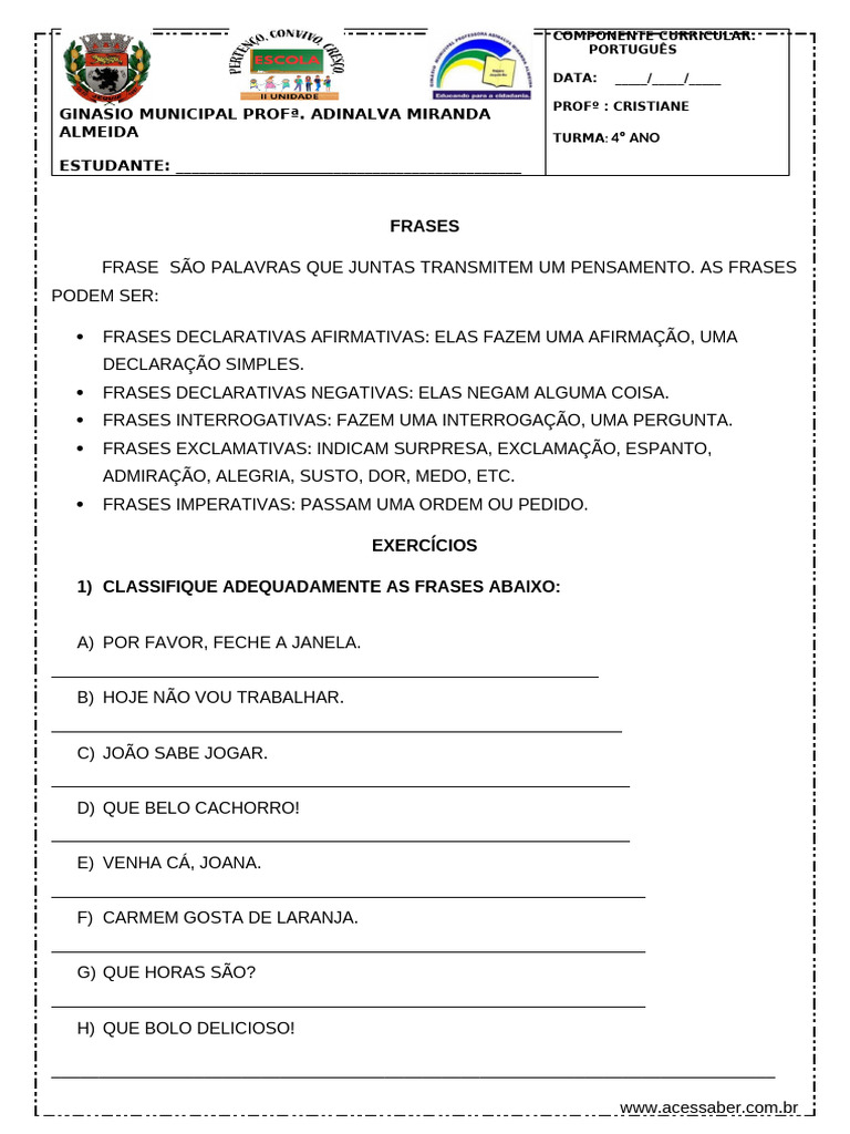 Atividades sobre Tipos de Frases 4º Ano | PDF