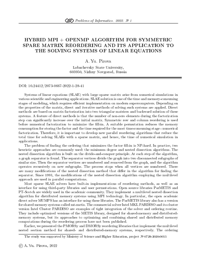 Gibridnyy Mpi Openmp Algoritm Pereuporyadocheniya Simmetrichnyh Razrezhennyh Matrits I Ego ...