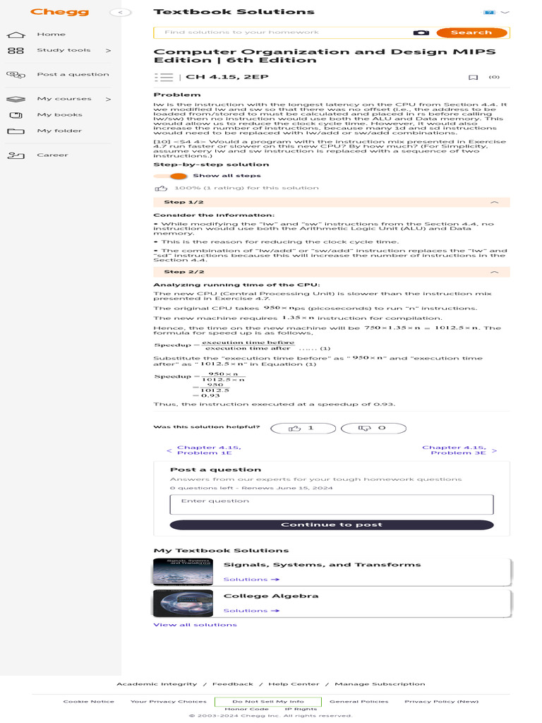 Solved LW Is The Instruction With The Longest Latency On The CPU ... Chegg - Com 2 | PDF ...