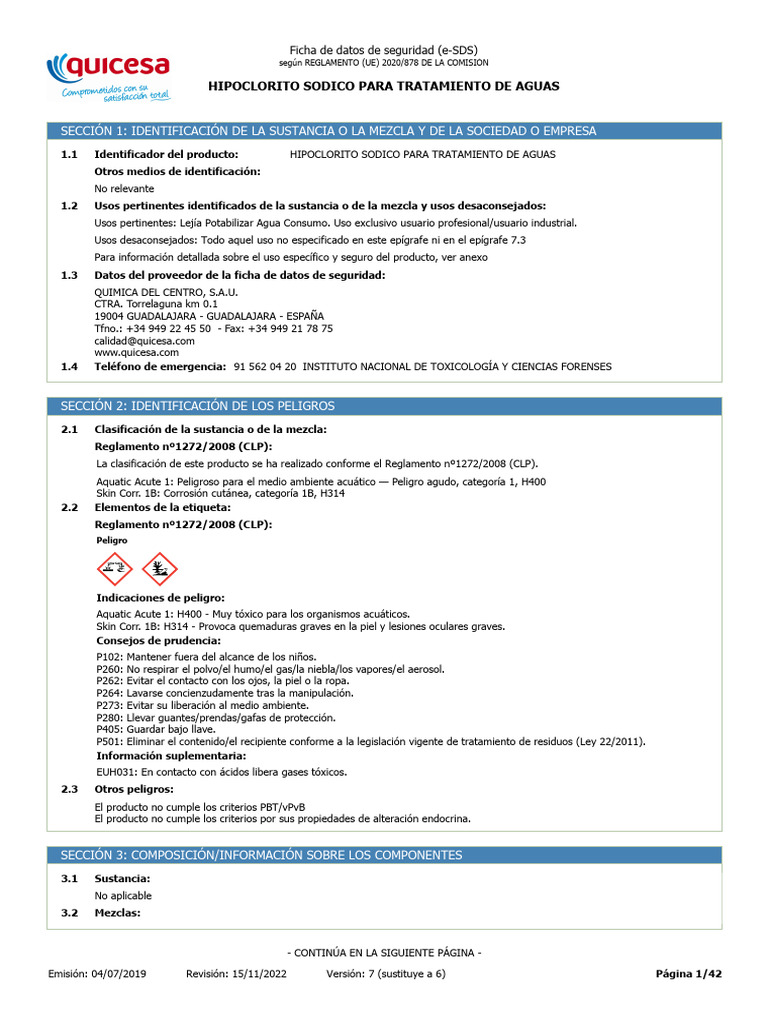 Hipoclorito Sódico: Seguridad y Usos | PDF | Toxicidad | Quemar