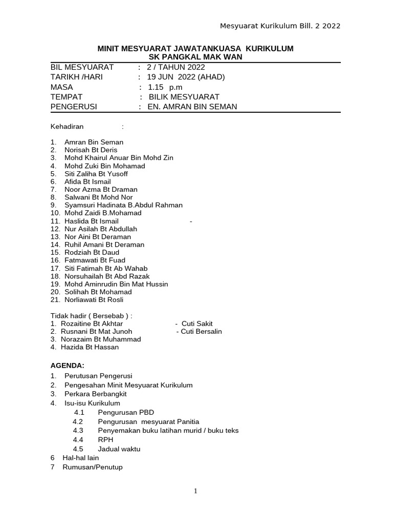Minit Mesyuarat Jawatankuasa Kurikulum Ke-2 | PDF