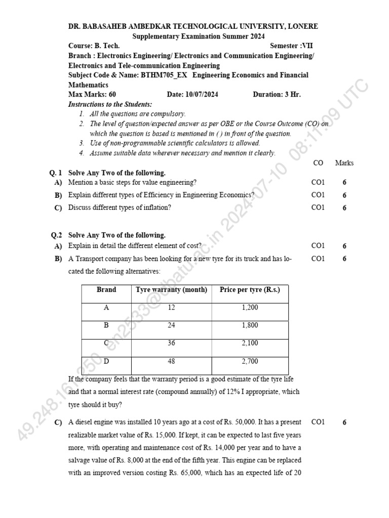 Engineering Economics Exam Summer 2024 | PDF | Depreciation | Economies
