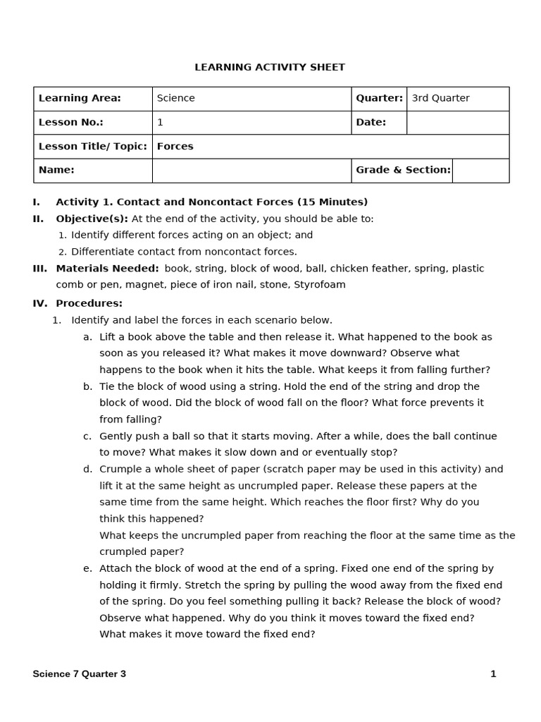 Q3 - WS - Science 7 - Lesson 1 - Week 1 | PDF | Force | Measurement