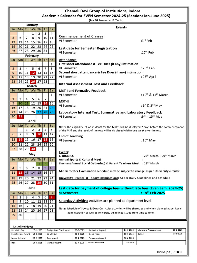 CDGI Even Semester Calendar 2024-25 | PDF | Academic Term | Schools