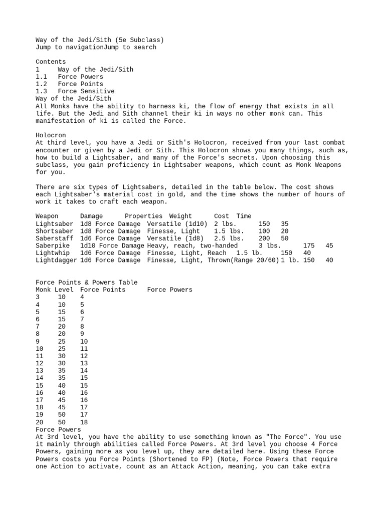 DND 5E Homebrew Subclass - Way of The Jedi or Sith | PDF | Jedi | Sith
