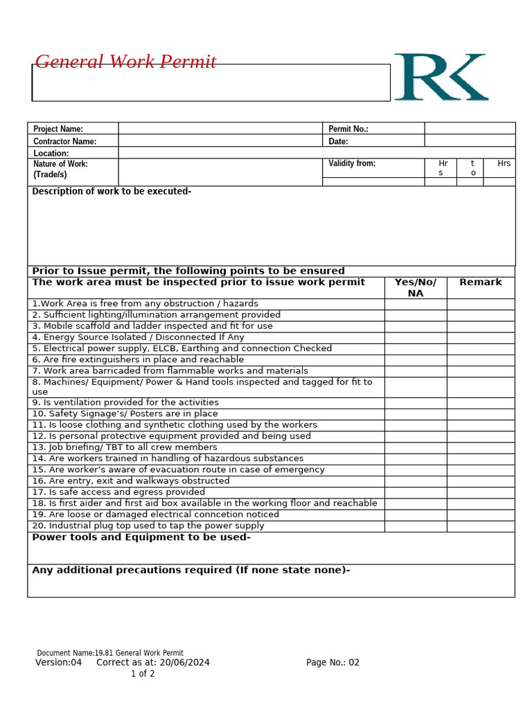 Updated General Work Permit | PDF | Occupational Safety And Health | Safety