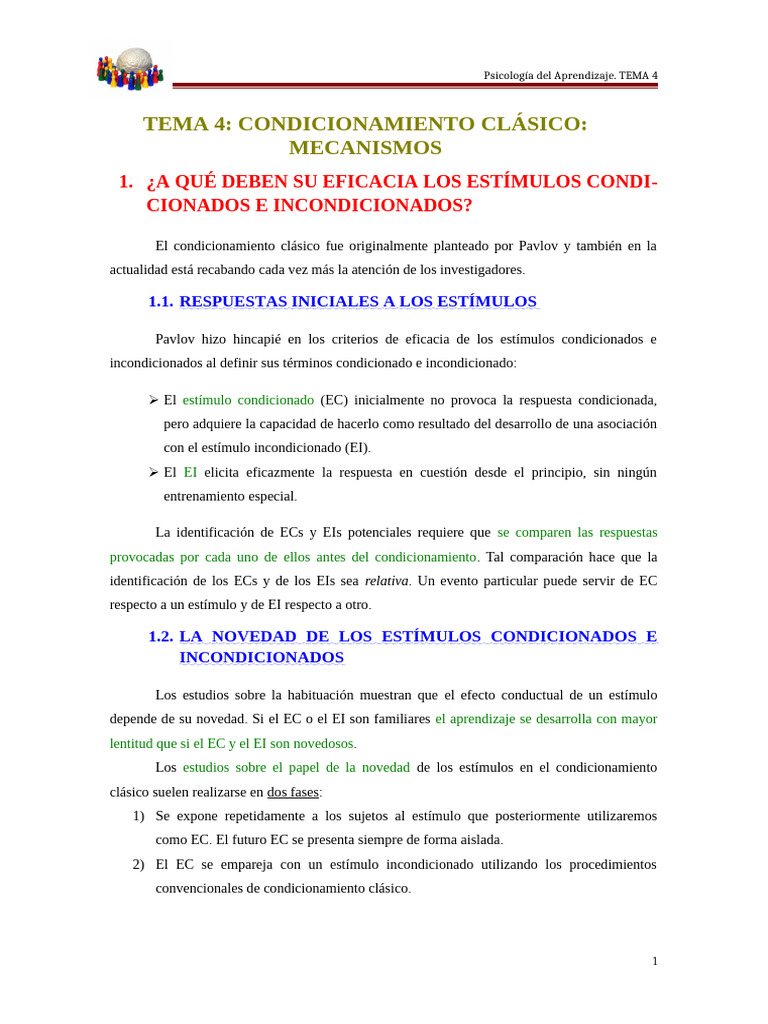 Tema 4. Condicionamiento Clasico. Mecanismos | PDF | Condicionamiento ...